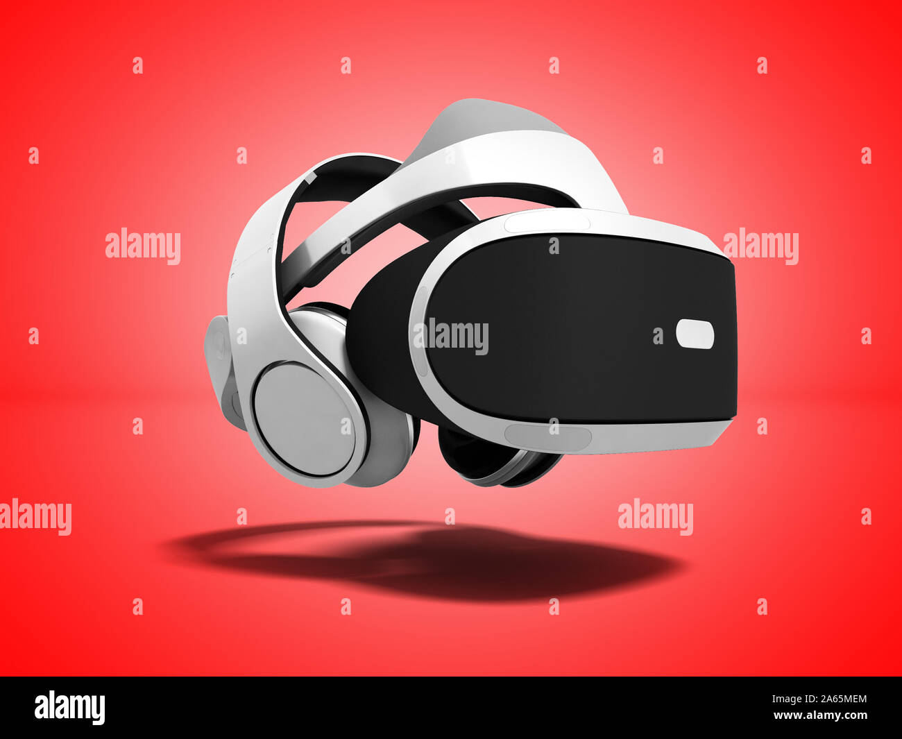 White virtual reality glasses with white headphones 3d render on red ...