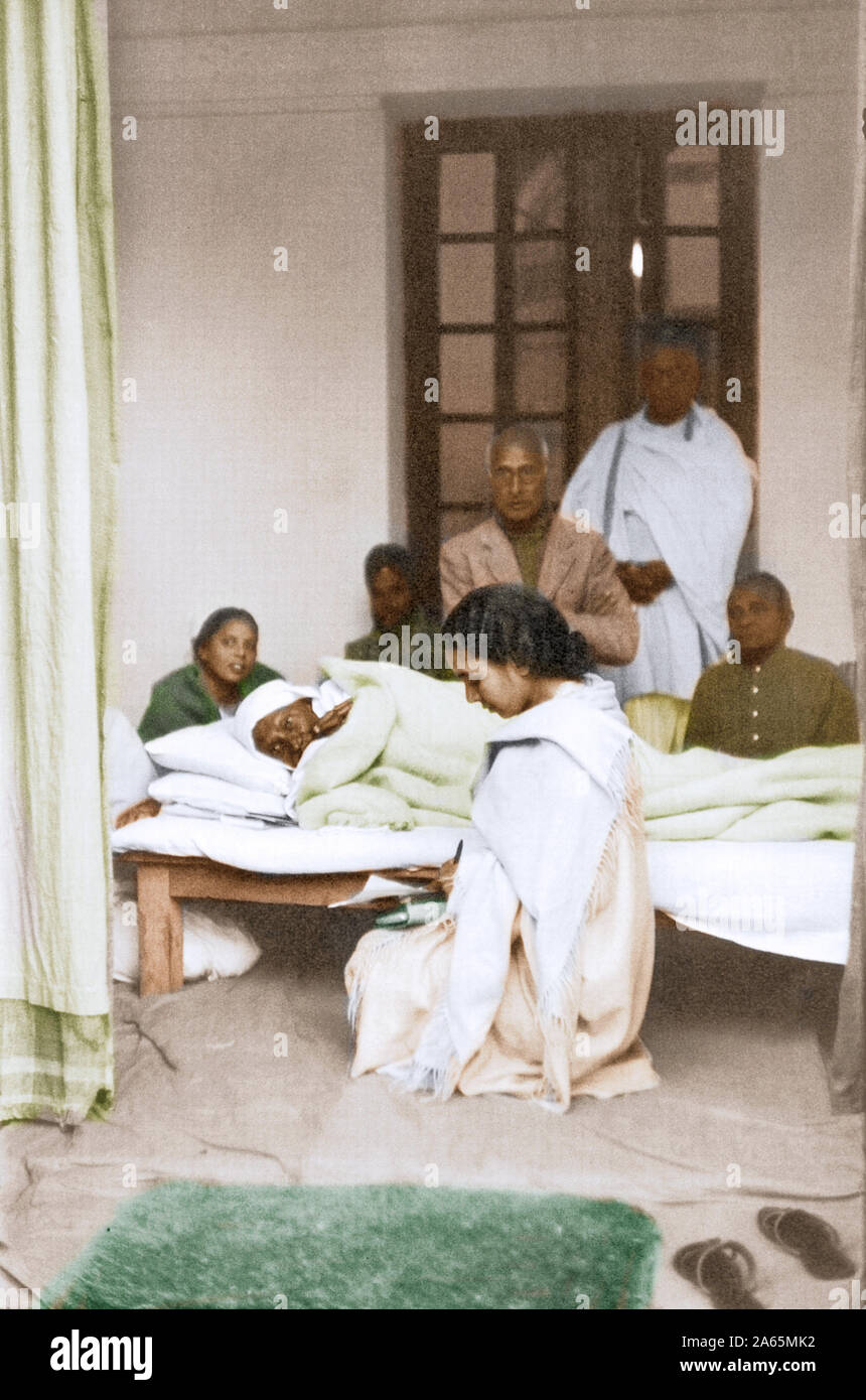 Mahatma Gandhi fasting lying in bed, Birla House, Delhi, India, Asia ...