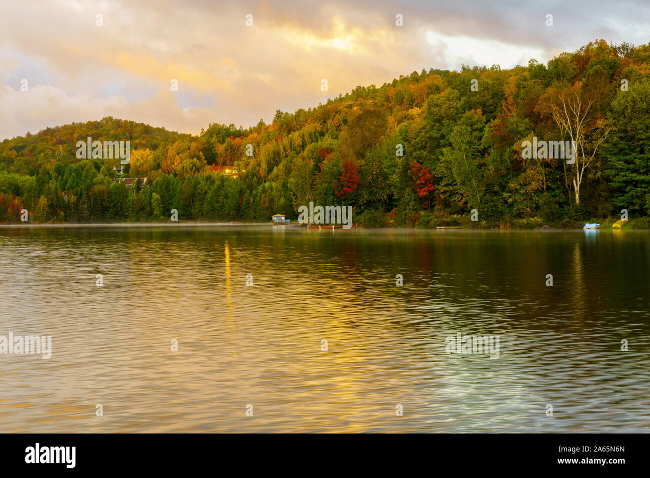 Sunrise view of the Lac Rond lake, in Sainte-Adele, Laurentian ...