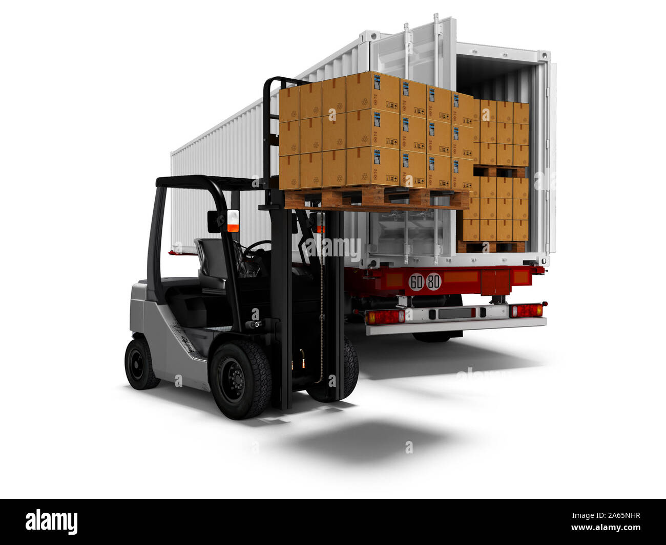 Modern loading of goods on pallets with forklift in white trailer 3d ...