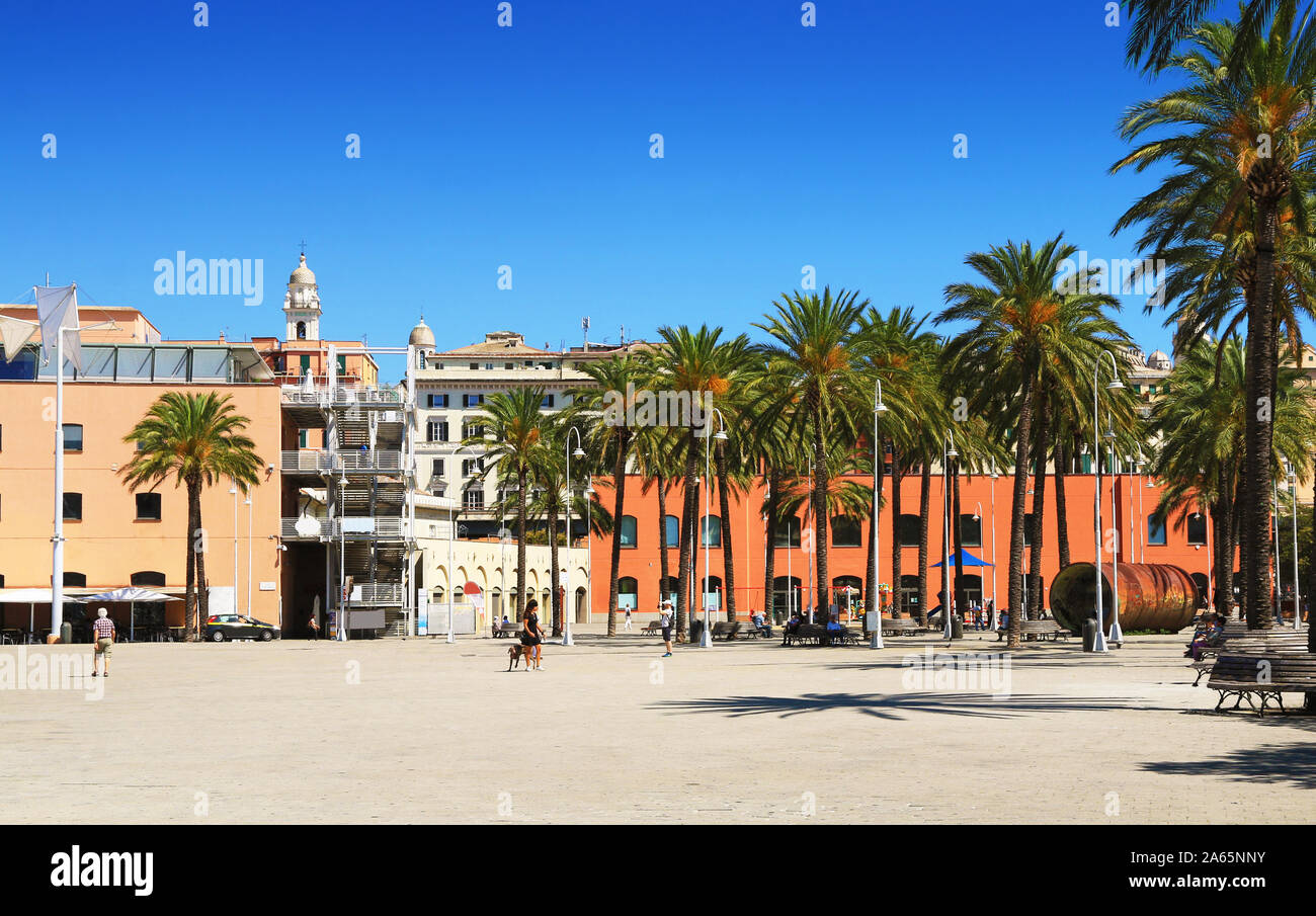Square planted with palm trees in Genoa Stock Photo - Alamy