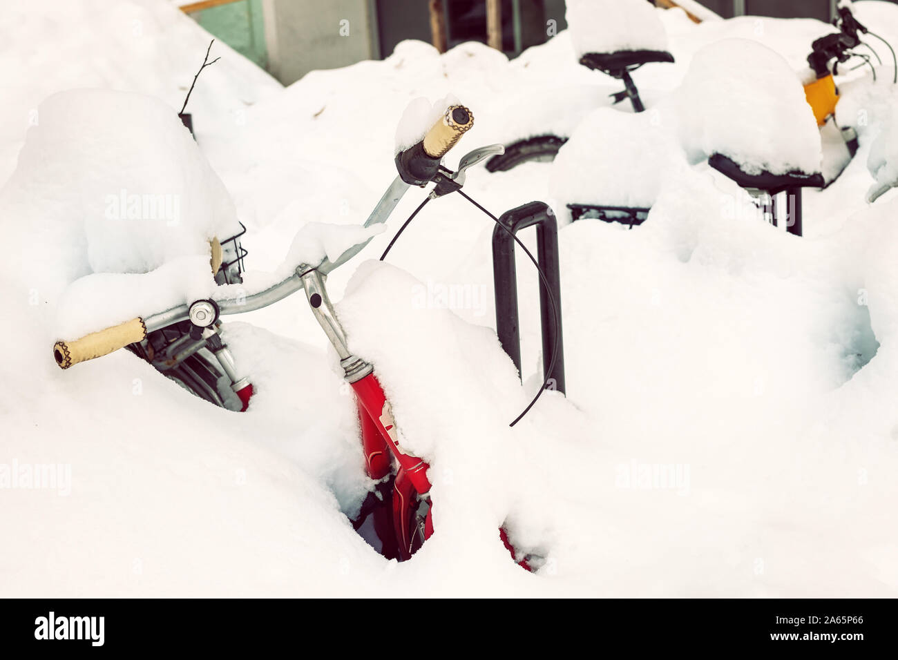 Vinage bike covered with big thick snow layer after blizzard at ...
