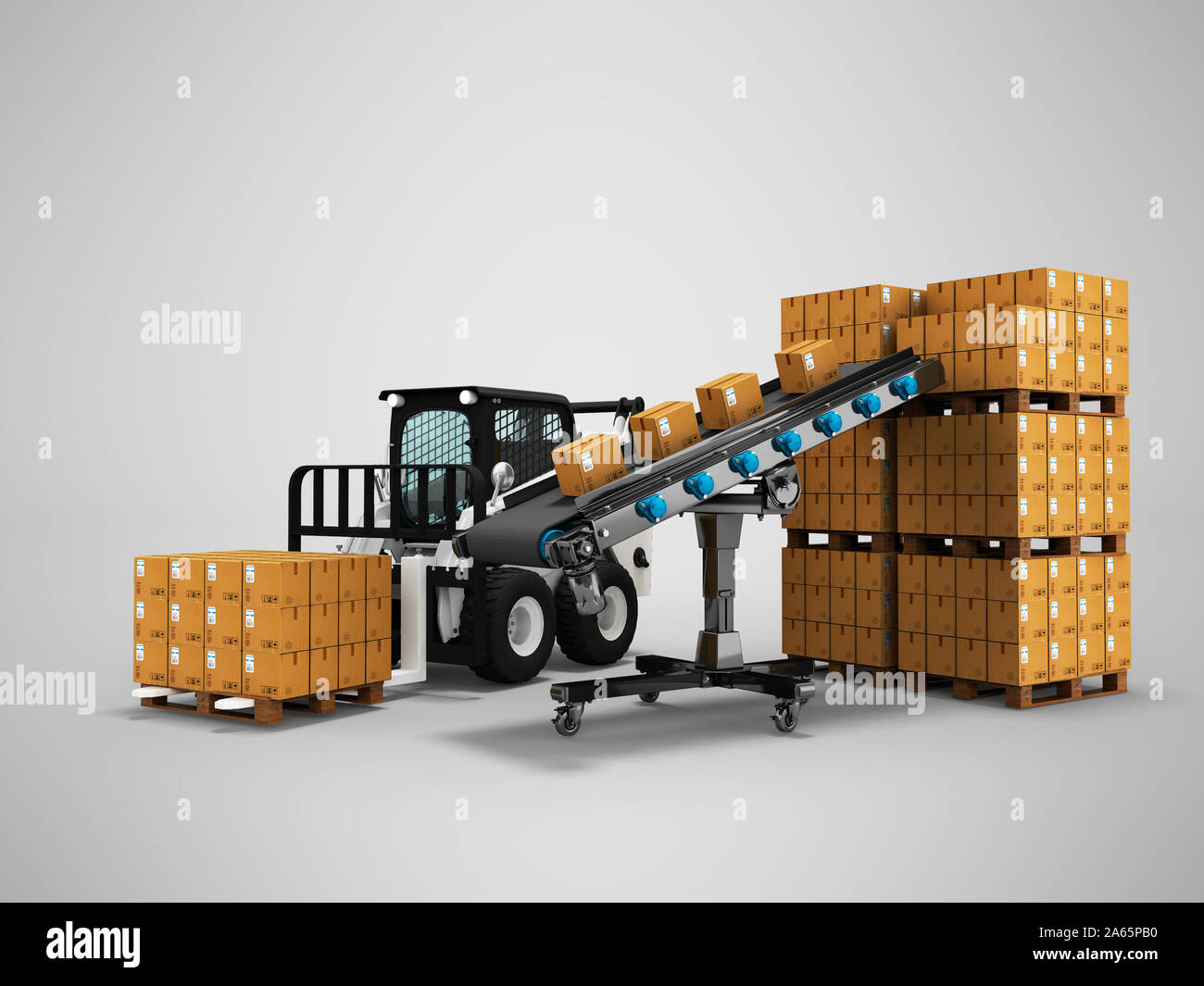 Forklift loading goods on pallets for warehouse 3d render on gray ...