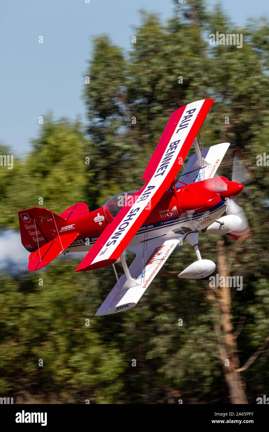 Pitts S-1S aerobatic biplane VH-IPB flying at low level during an ...