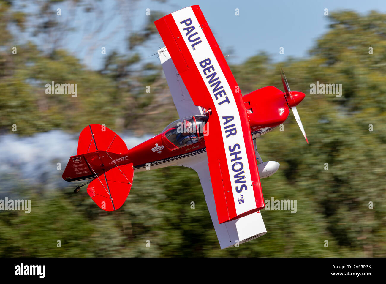 Pitts S-1S aerobatic biplane VH-IPB flying at low level during an ...
