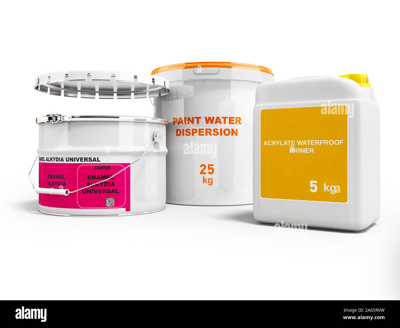 Primer and enamel paint in alkyd paint 3d render on white background ...