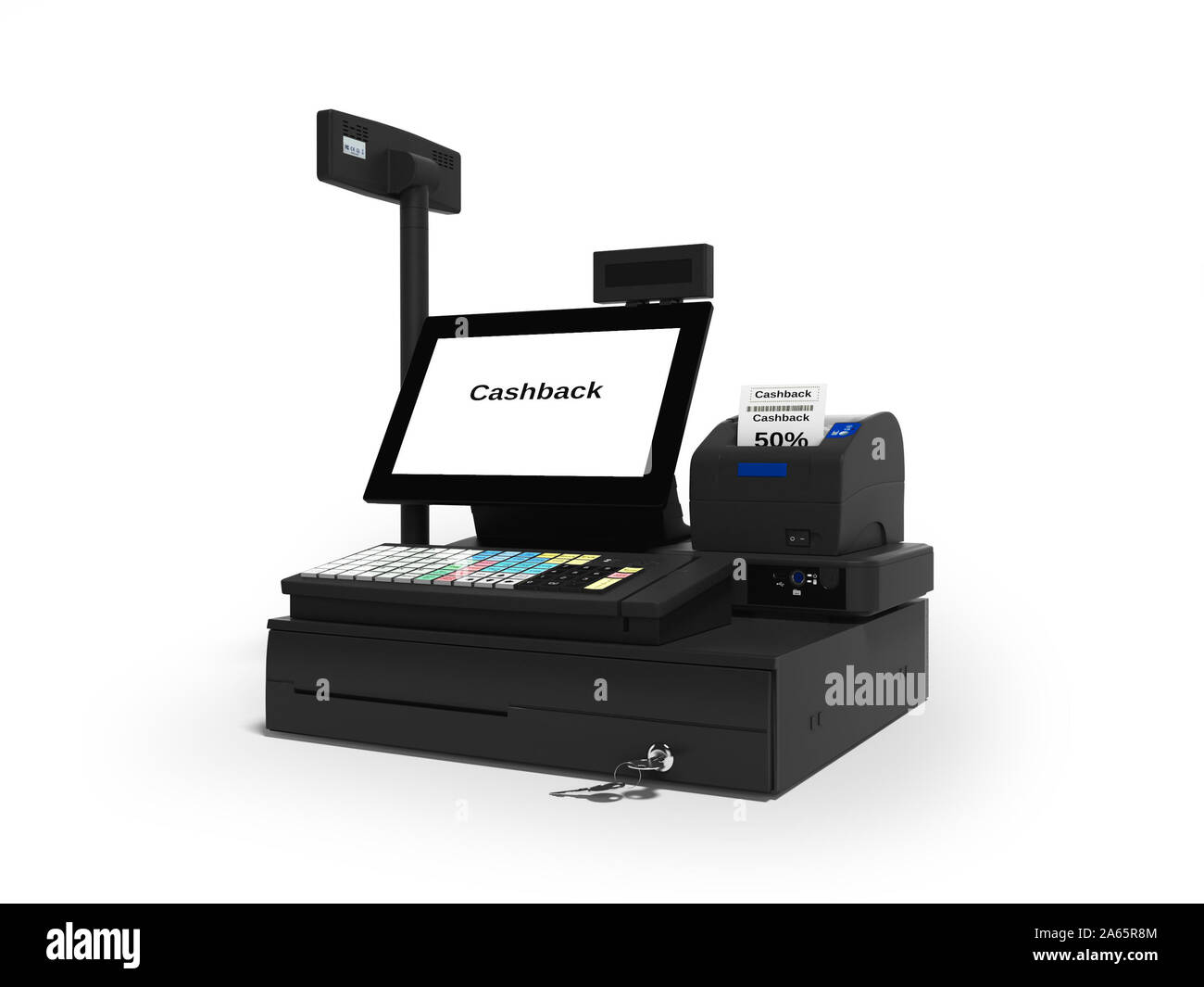Cash register with cashback service in 50 percent 3d render on white ...
