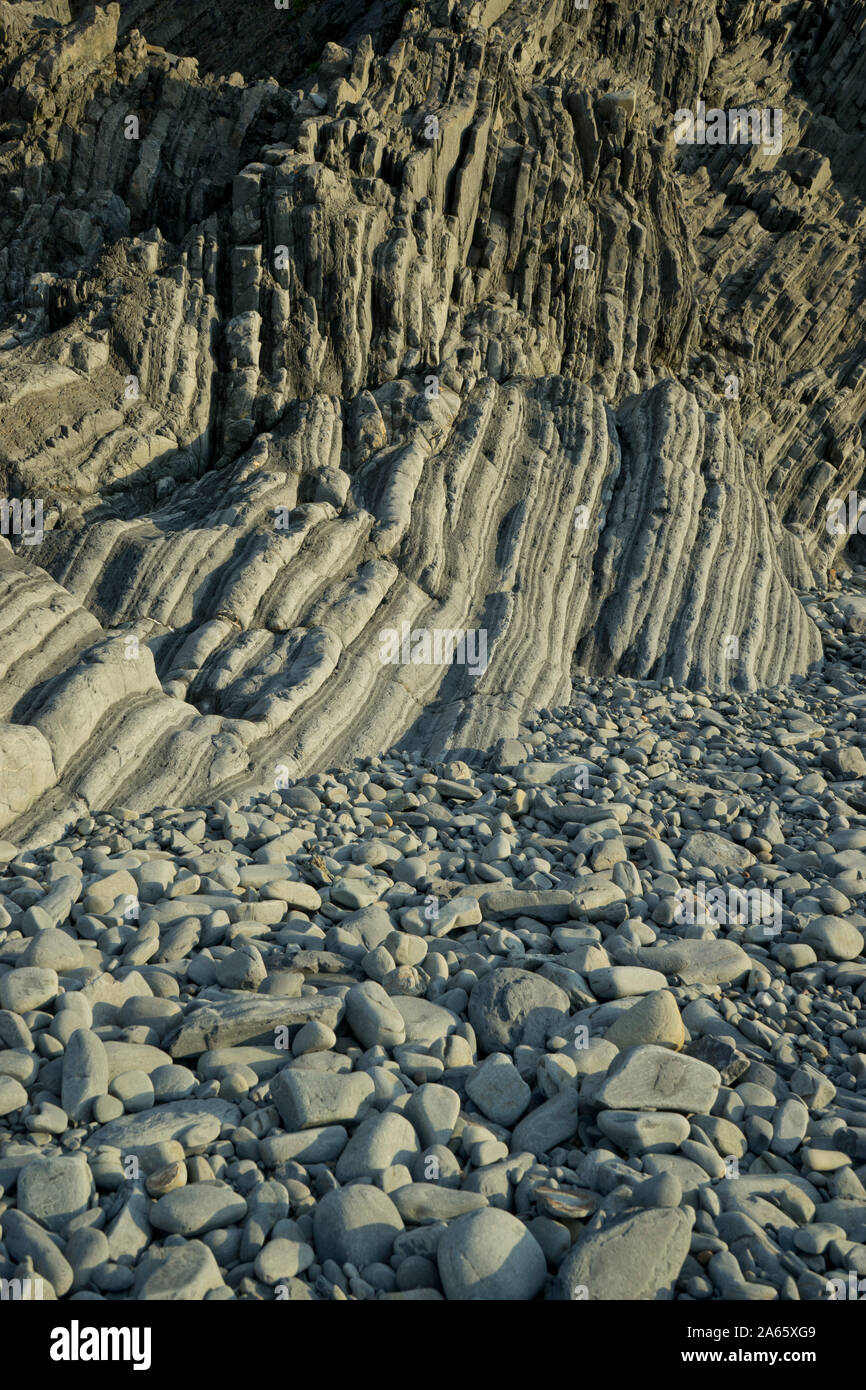 Beach with stacked limestone strata in Ceredigion, Wales,UK Stock Photo ...