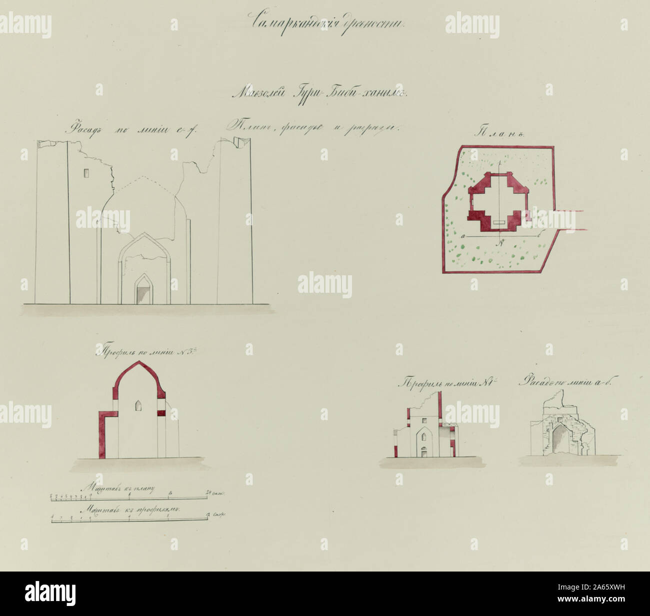 Antiquities of Samarkand Mausoleum of Guri Bibi Khanym Plan, Elevations ...