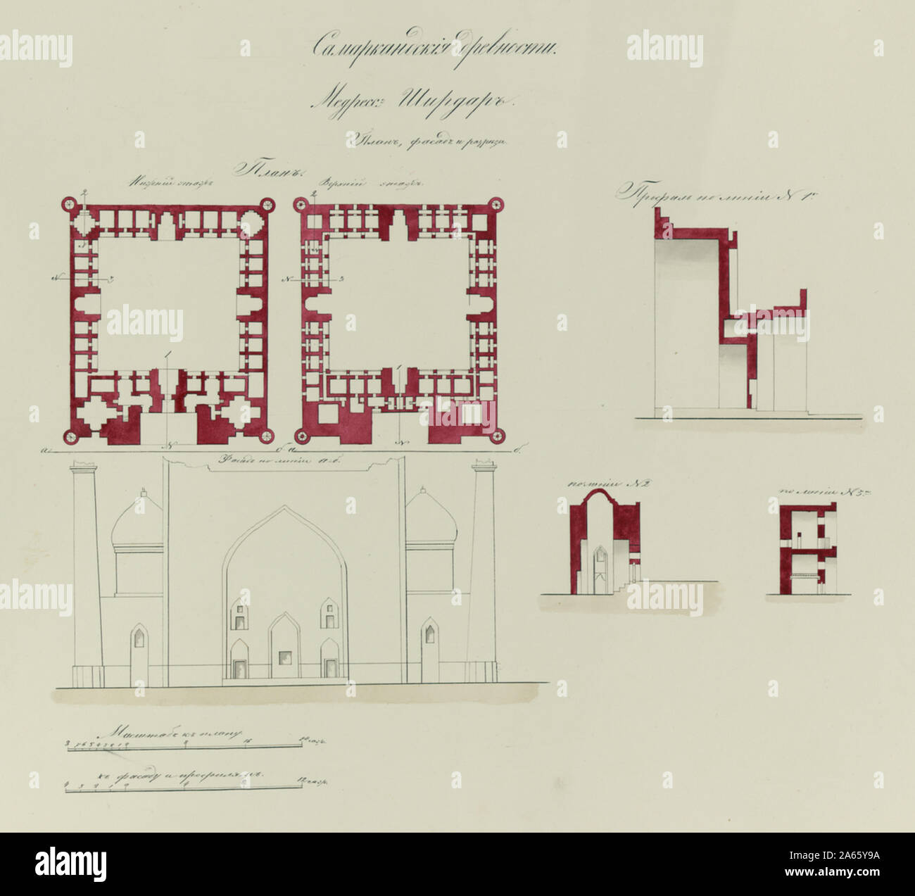 Antiquities of Samarkand Shir Dar Madrasah Plan, Elevation, and ...