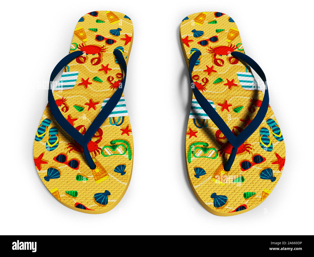 Summer slippers on the beach with pattern of sea animals top view 3d ...
