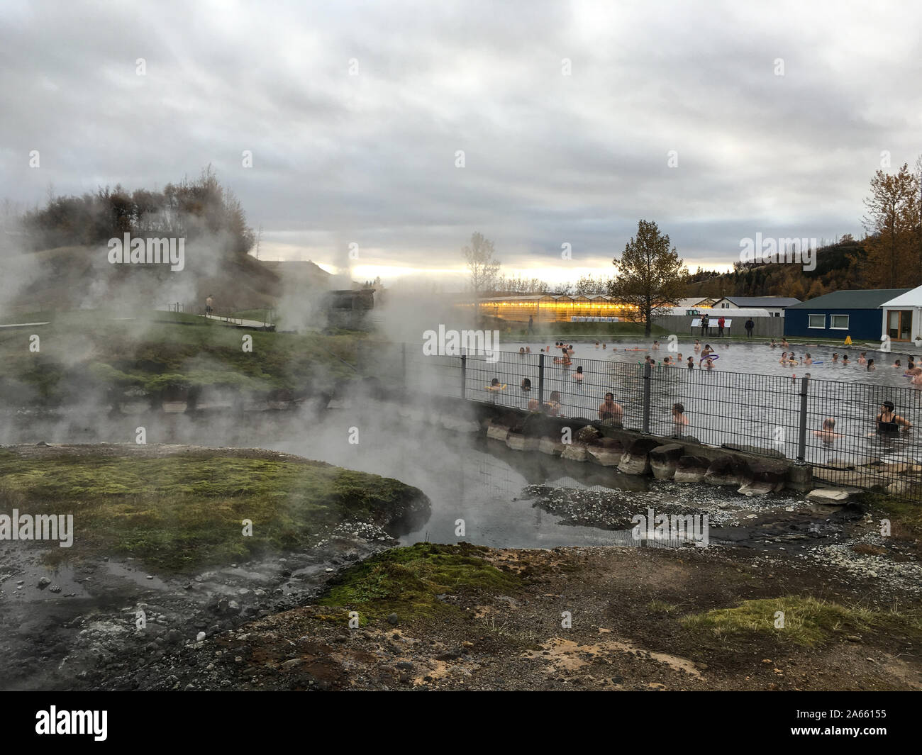 The Secret Lagoon geothermal pools, Iceland, 12 October 2019 Stock ...
