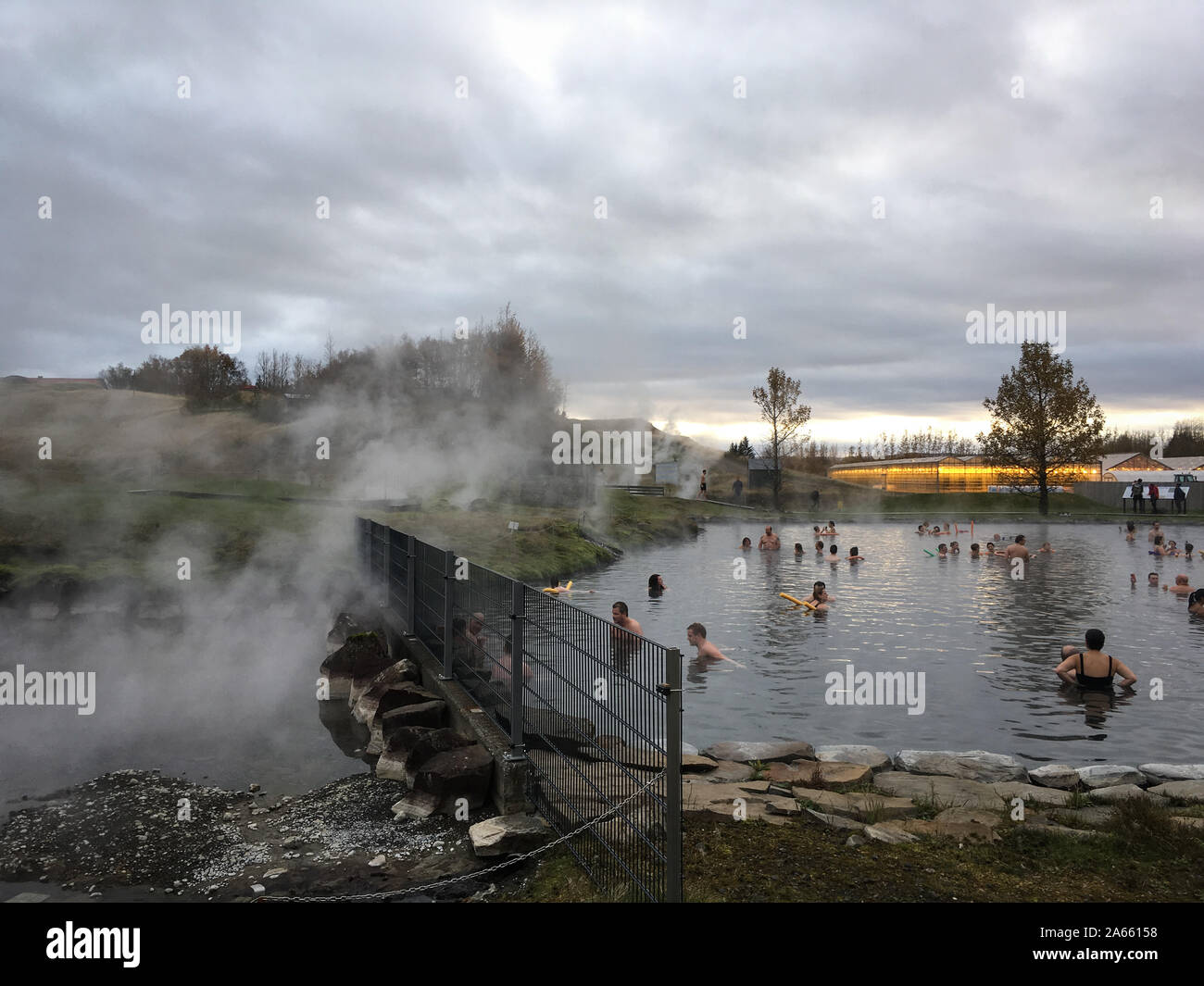 The Secret Lagoon geothermal pools, Iceland, 12 October 2019 Stock ...