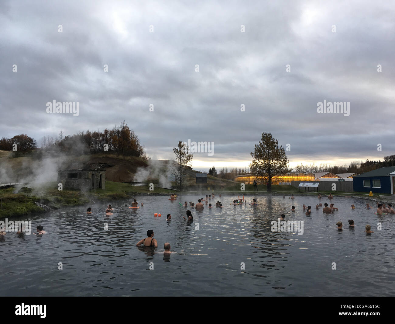 The Secret Lagoon geothermal pools, Iceland, 12 October 2019 Stock ...