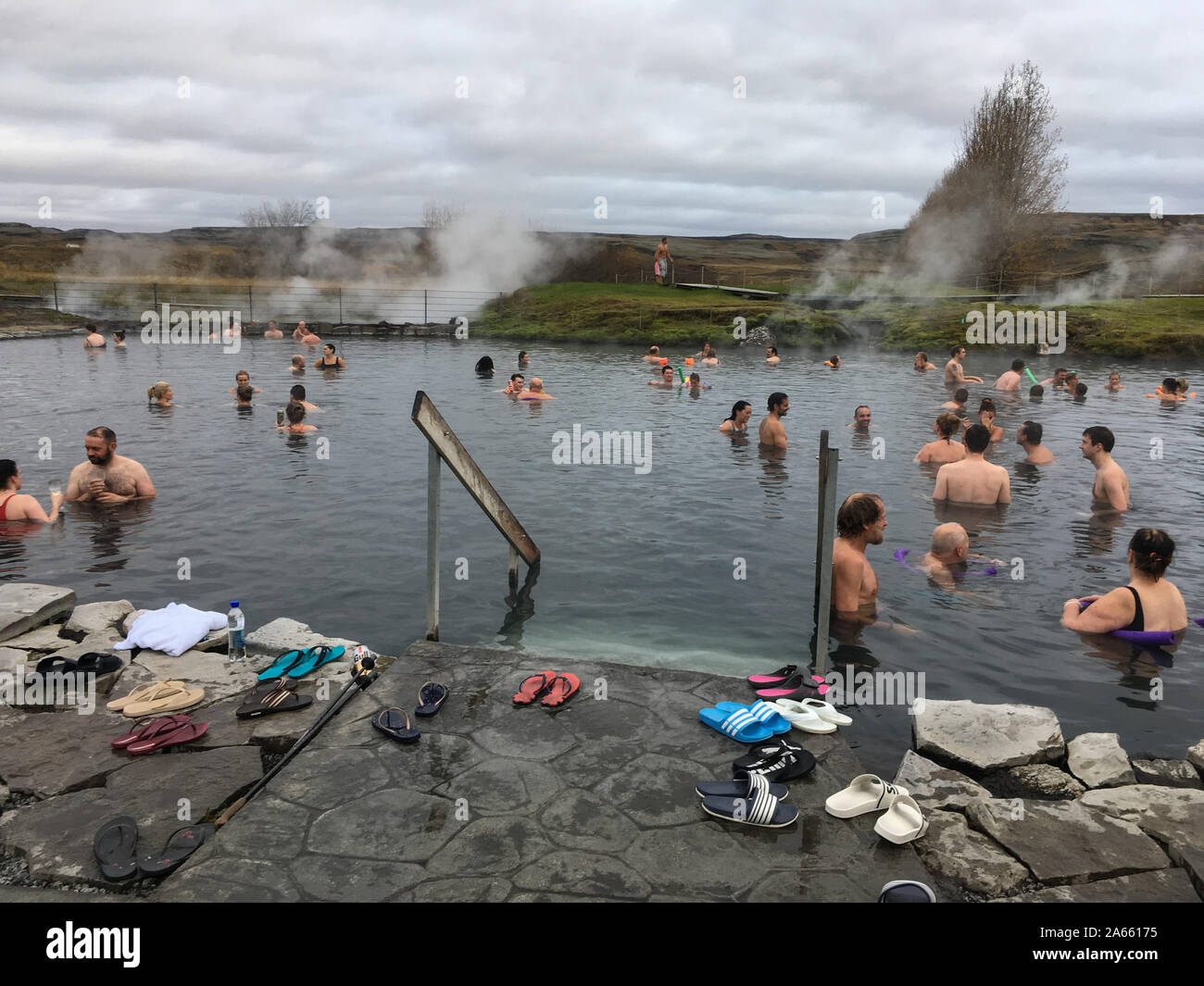 The Secret Lagoon geothermal pools, Iceland, 12 October 2019 Stock ...