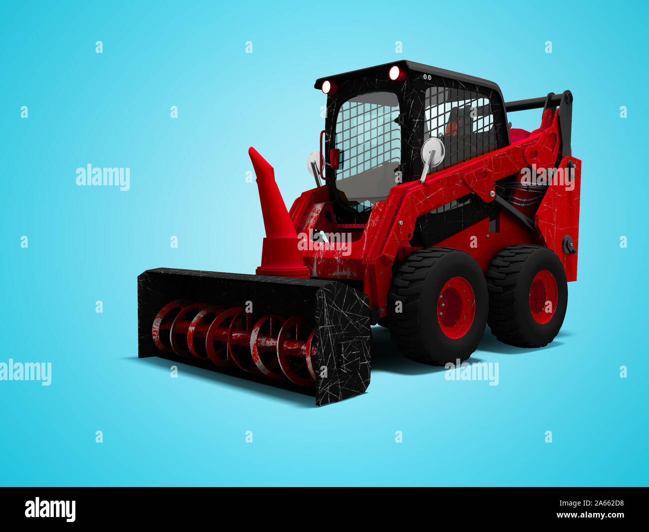 Old red mini loader nozzle snowthrower 3d render on blue background ...