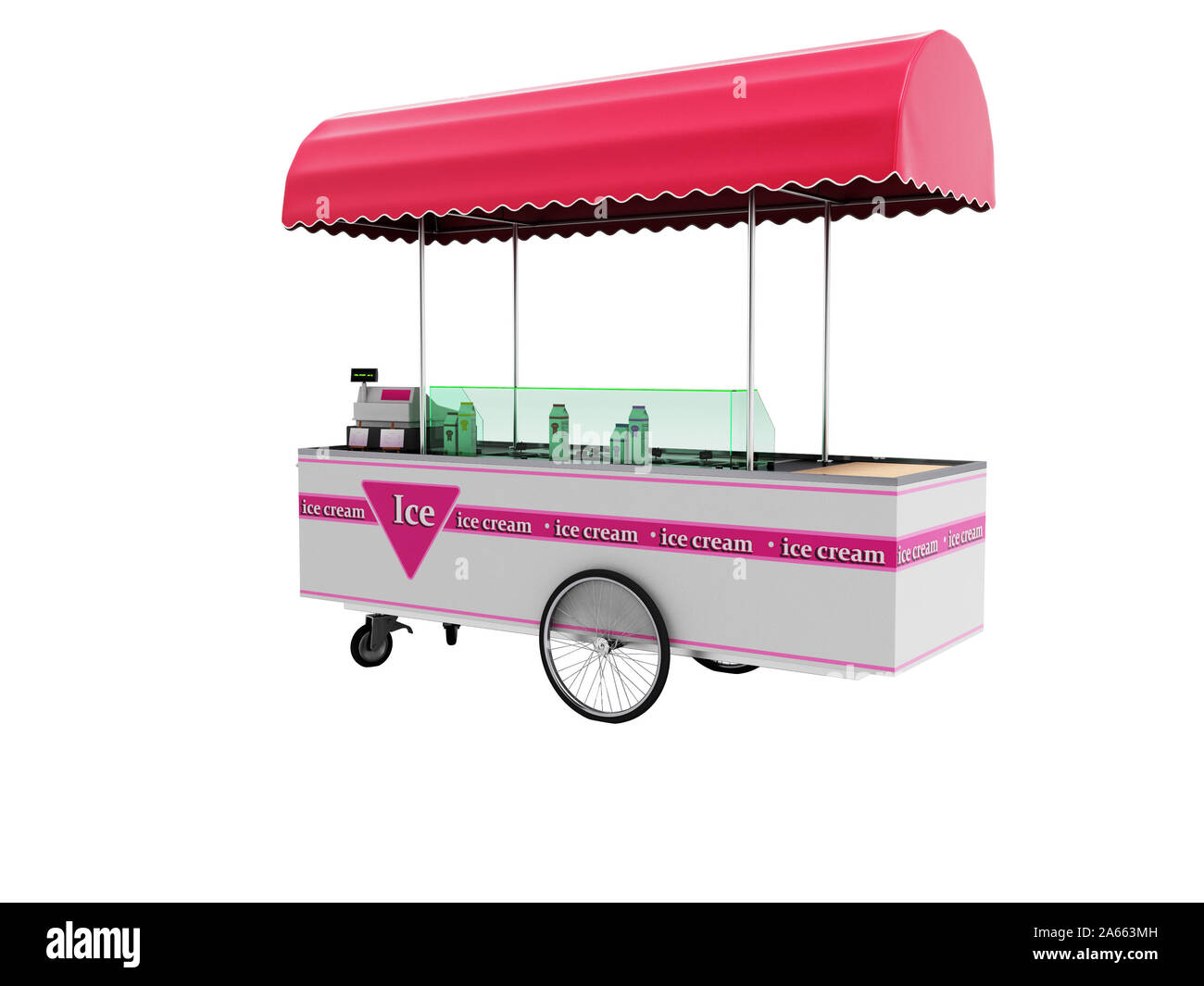 Red portable store with ice cream isolated 3d render on white ...