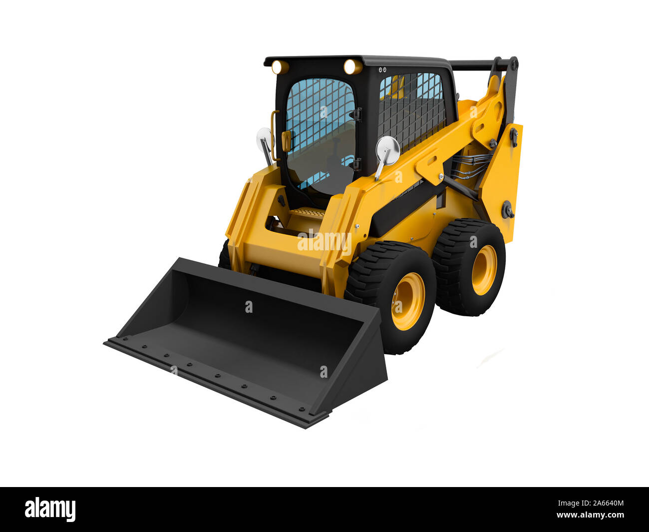 Yellow mini loader with small bucket 3d render on white background no ...