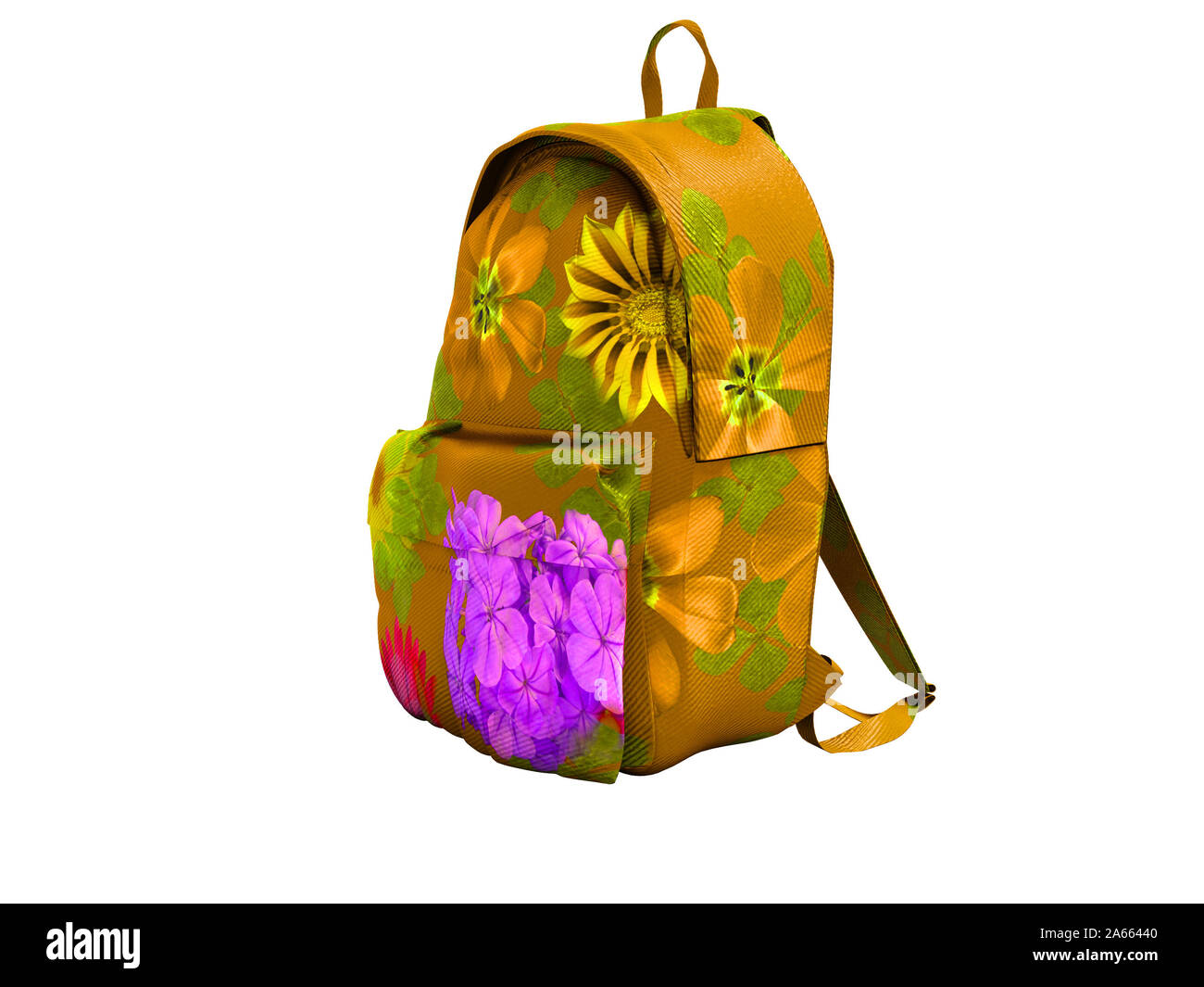 Yellow school backpack with flowers front view 3d render on white ...
