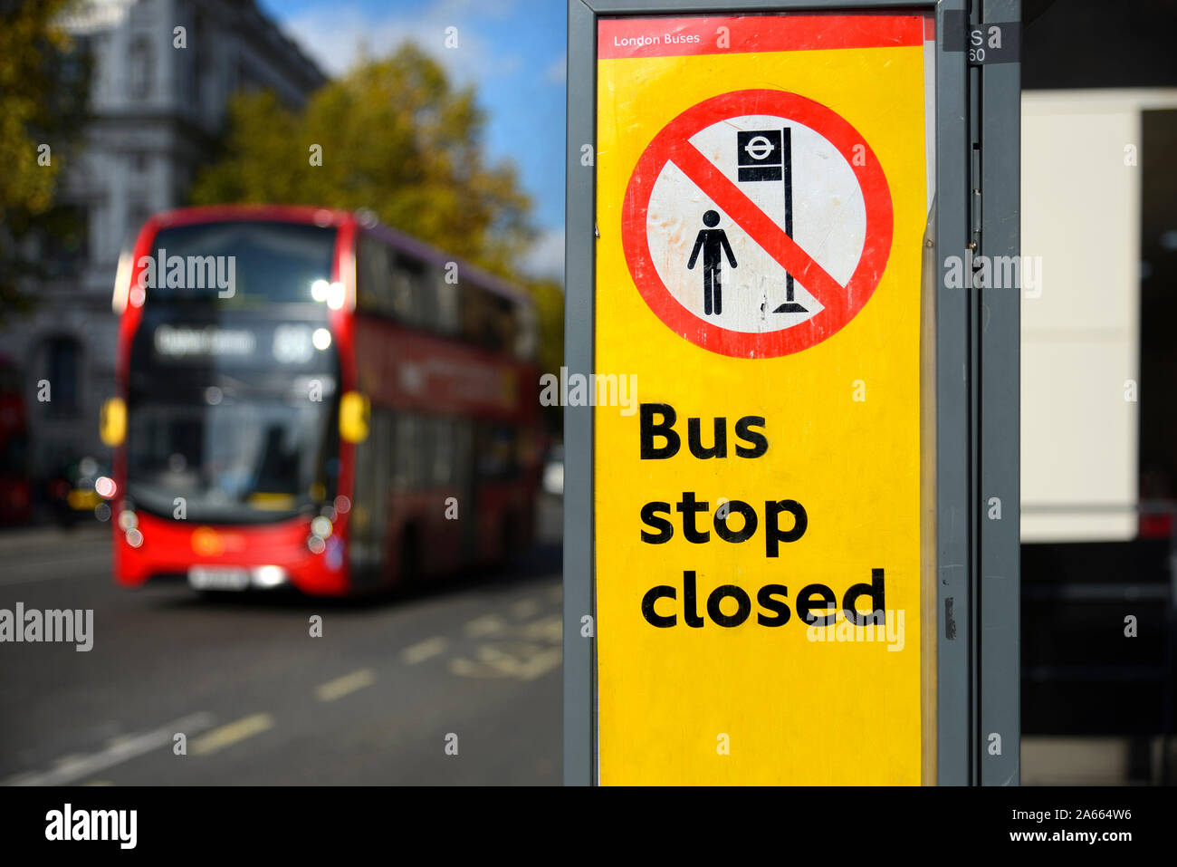 London, England, UK. Bus Stop Closed in Whitehall Stock Photo - Alamy