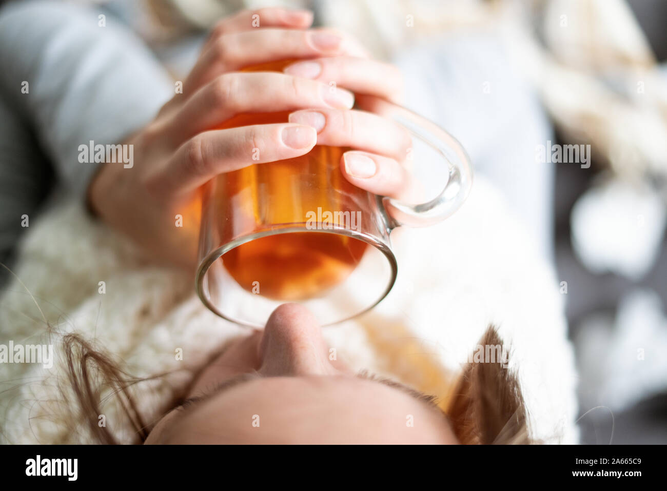 Disease. Cheer at home. A young woman is sick, is treated at home ...