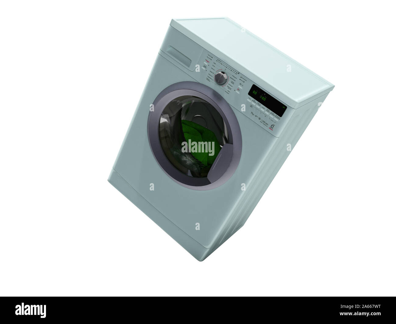 Blue washing machine is washing clothes 3d render on white background ...