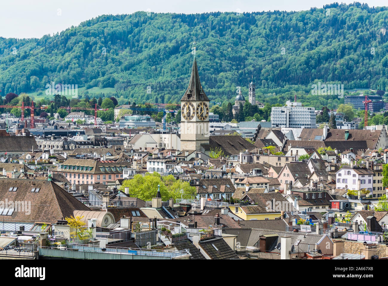 Panorama of city view of old downtown of Zurich, with clock tower of St ...