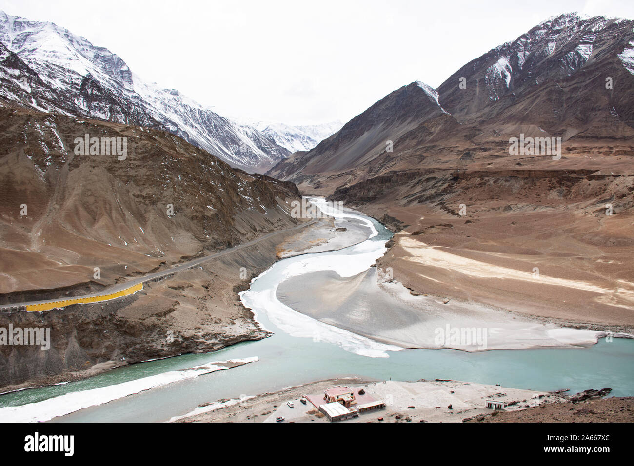 View landscape himalayas range mountain with Confluence of the Indus ...