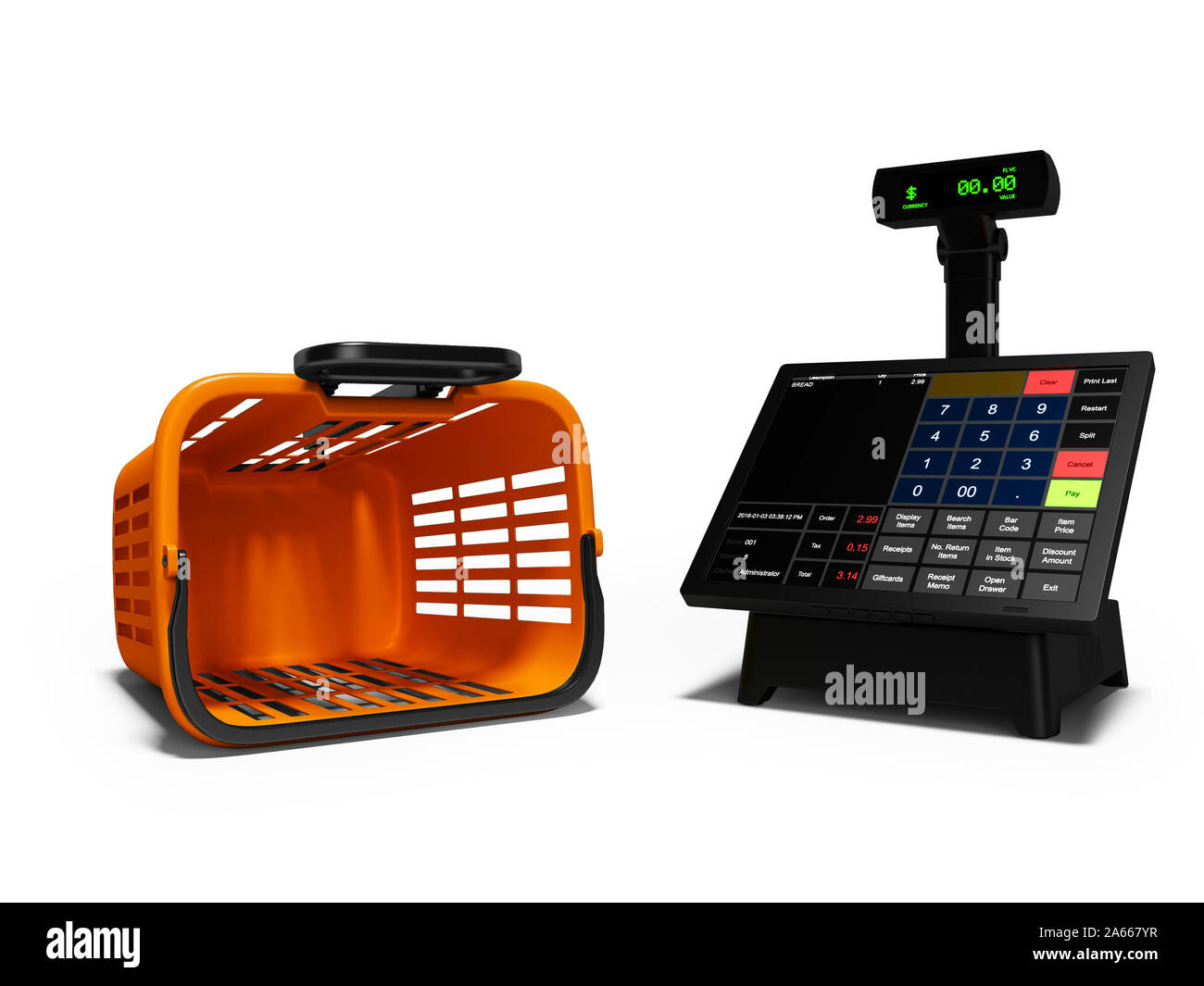 Empty orange plastic basket and cash register for weighing and selling ...