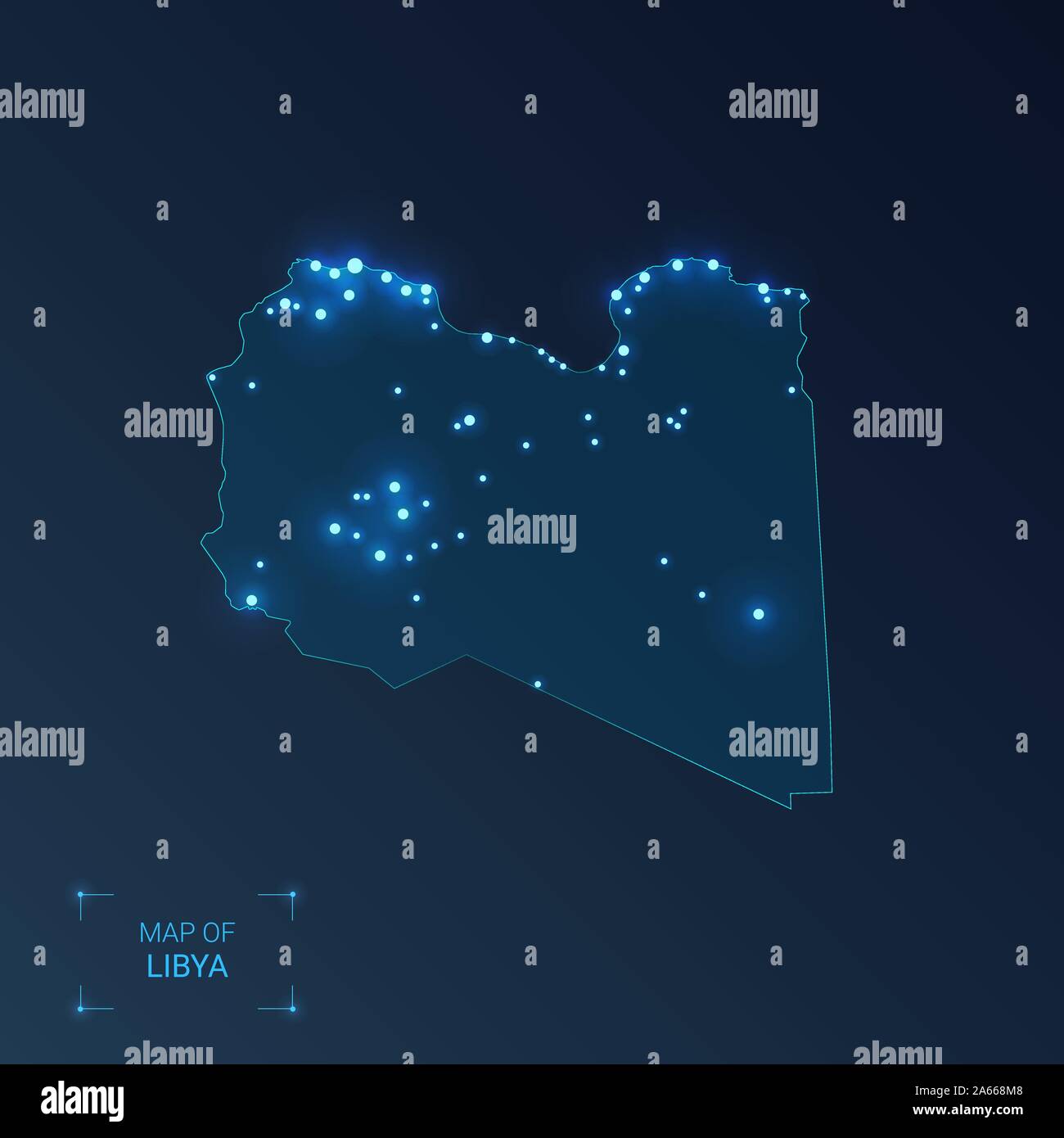 Libya map with cities. Luminous dots - neon lights on dark background ...
