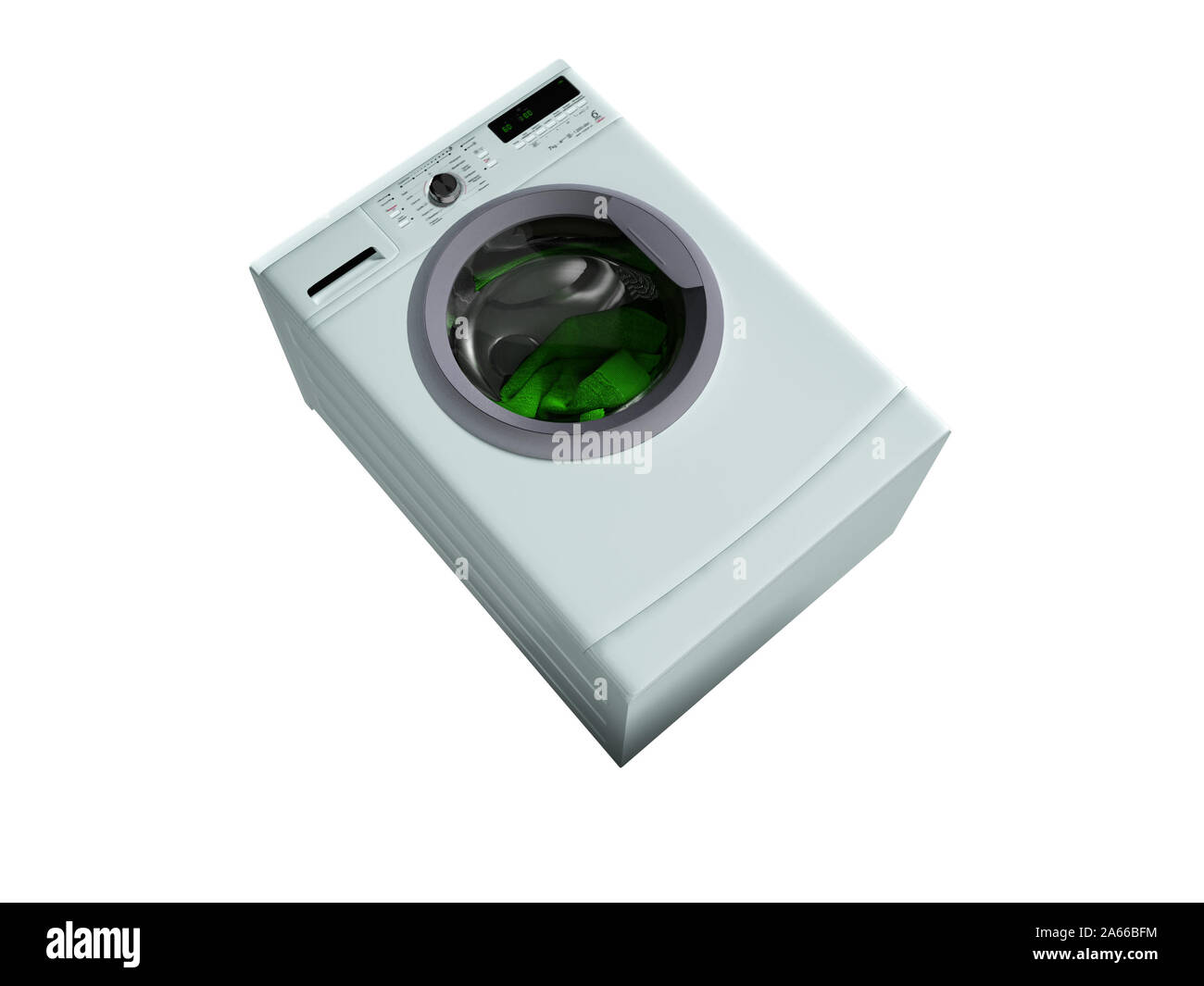 Light blue washing machine included washes green towels 3d render on ...