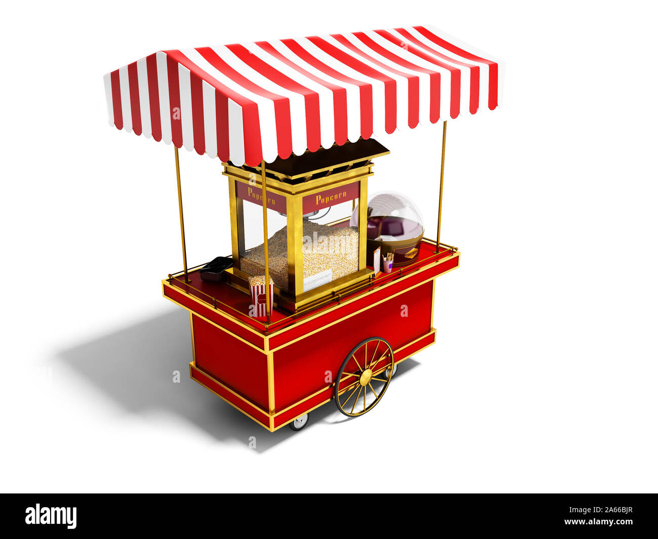 Sale and creation of popcorn in red tent on wheels 3d render on white ...