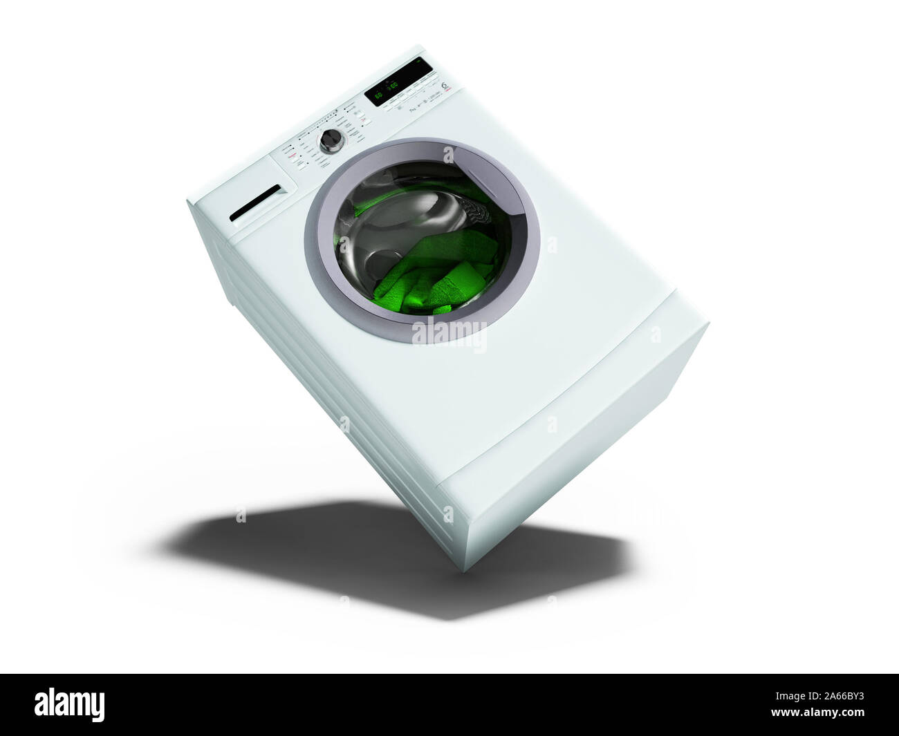 Light blue washing machine included washes green towels 3d render on ...