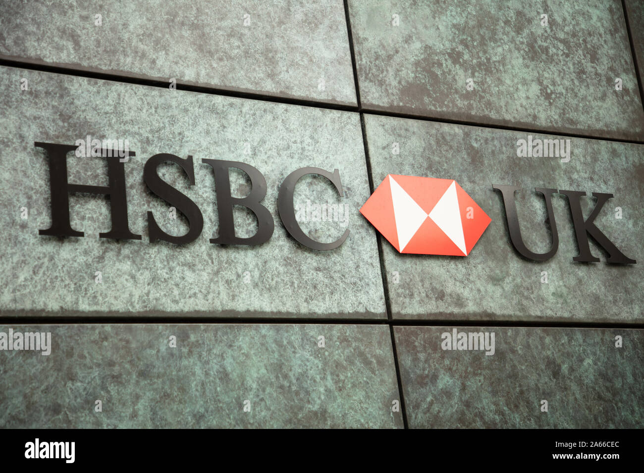 Company logo of HSBC UK seen in the financial district of the City of ...