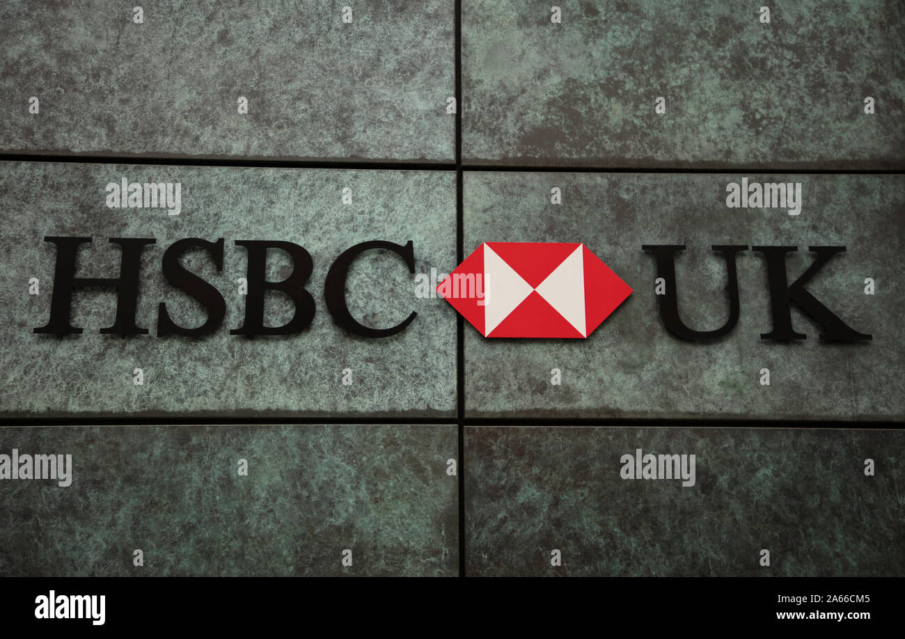Company logo of HSBC UK seen in the financial district of the City of ...