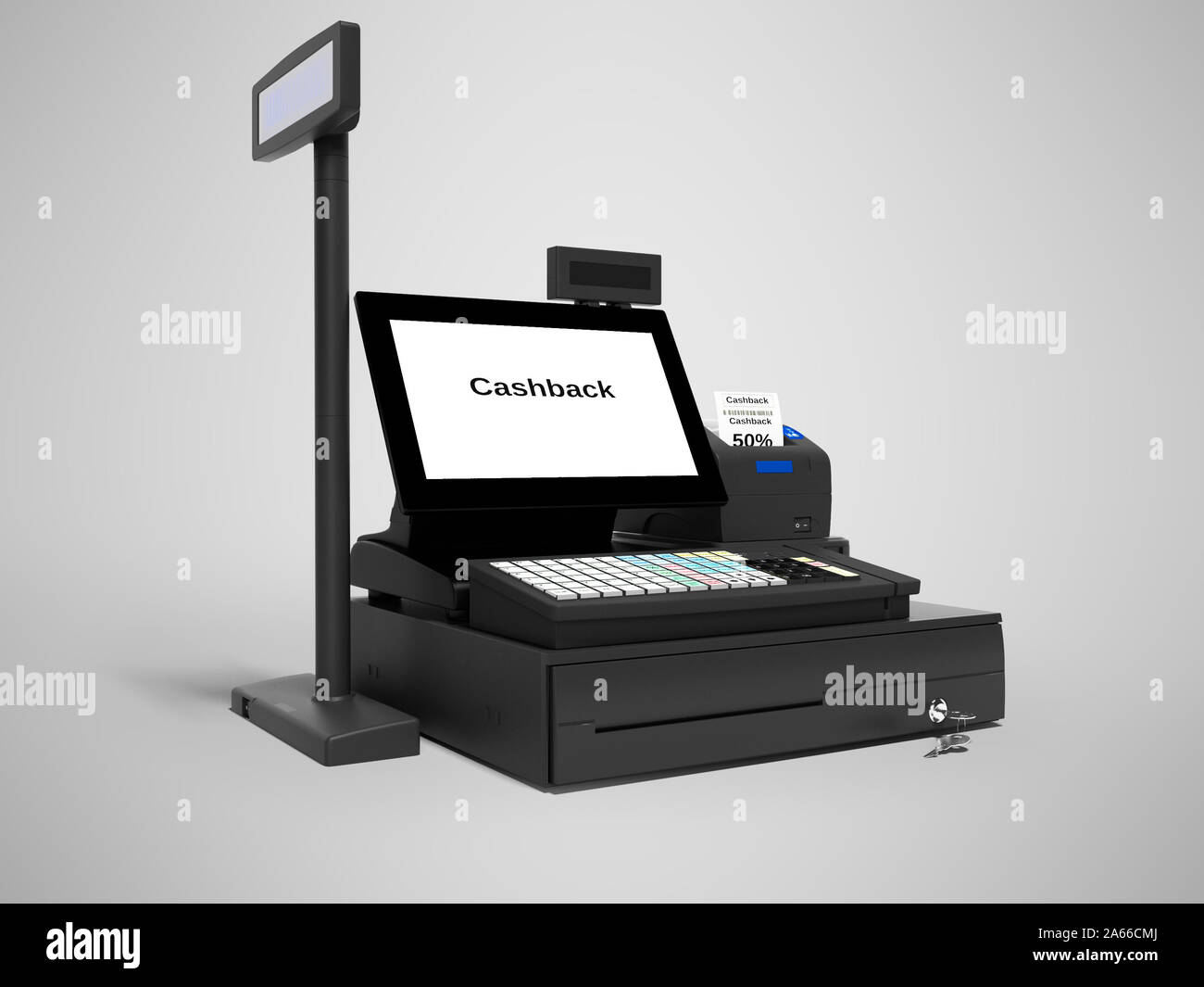 Black cash register with cashback service in 50 percent 3d render on ...