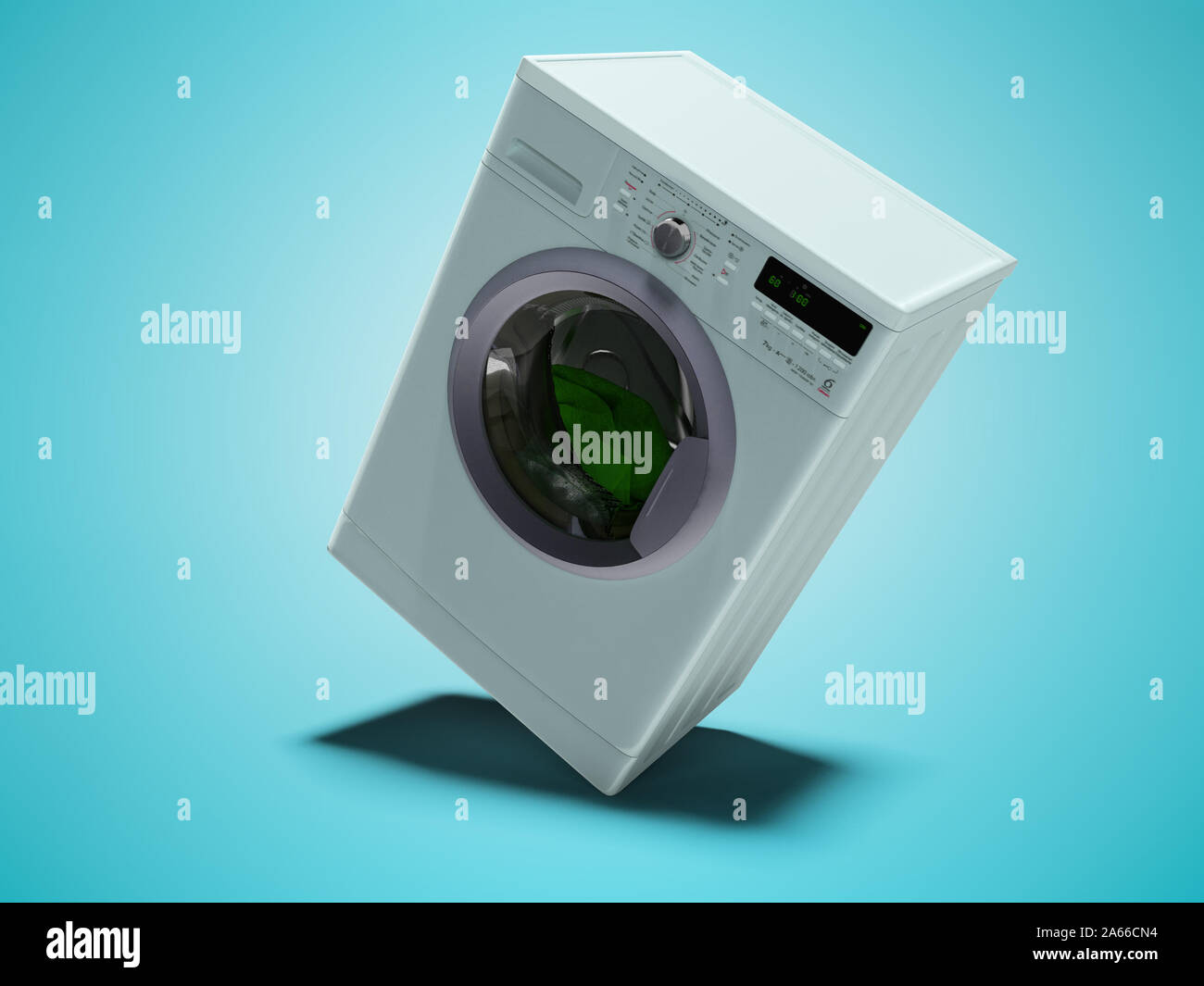 Blue washing machine is washing clothes 3d render on blue background ...