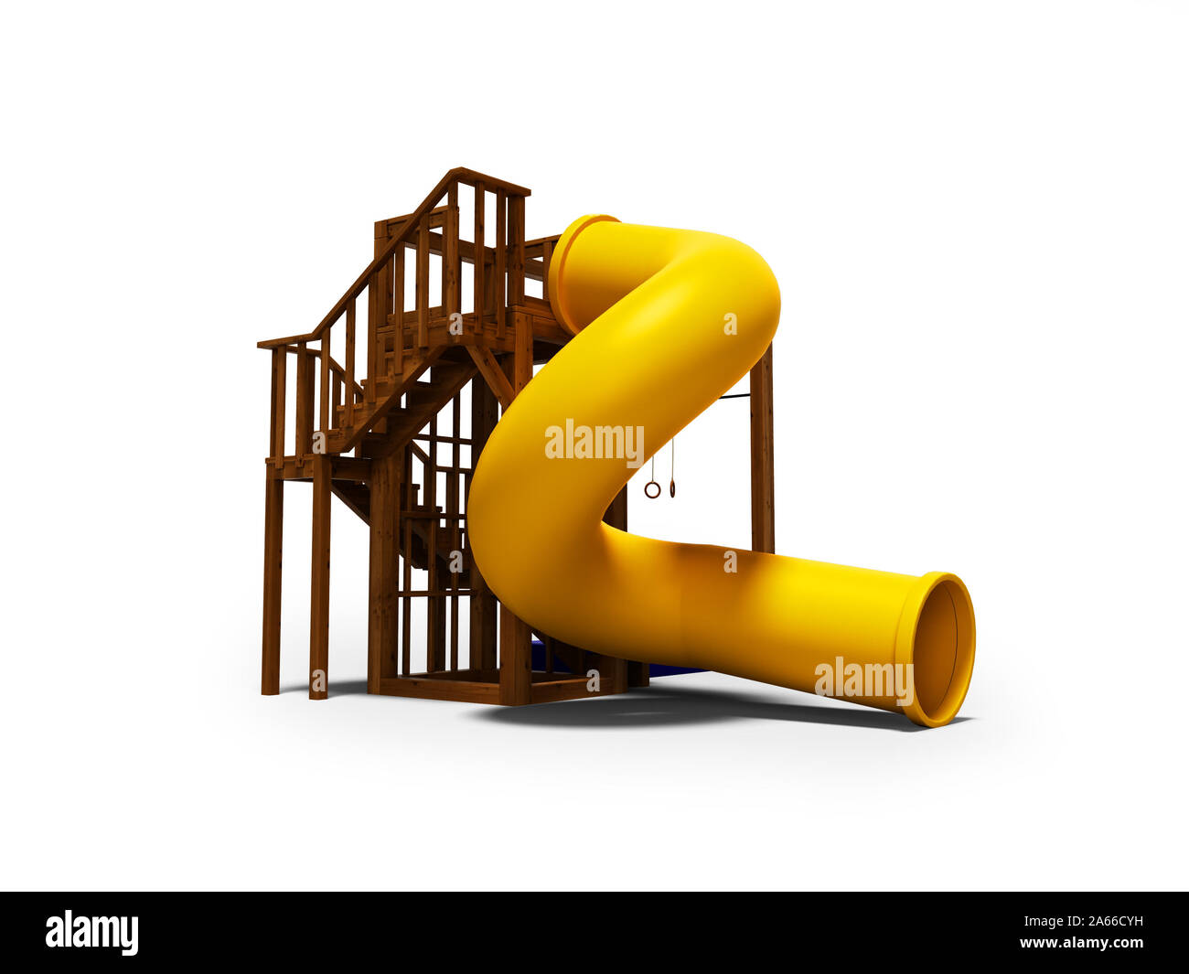 Wooden two-story slide tube yellow for teenagers 3d render on white ...