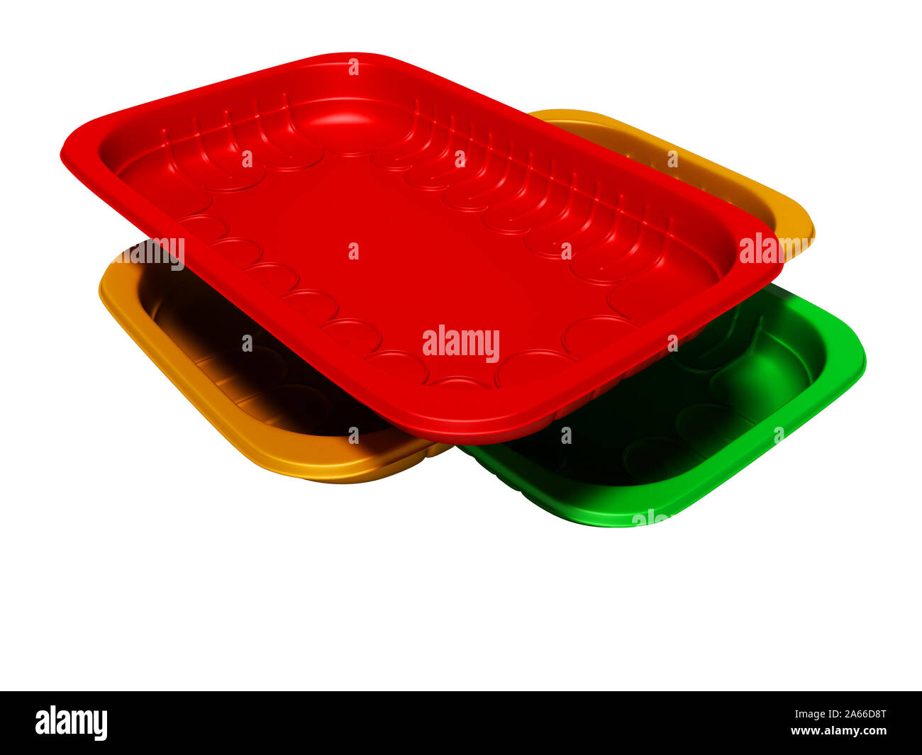 Plastic trays of different colors 3d render on white background no ...
