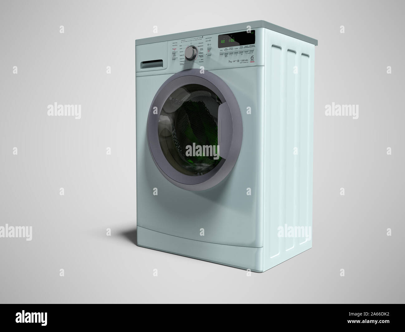 Blue washing machine automatic rinsing things in water 3d render on ...