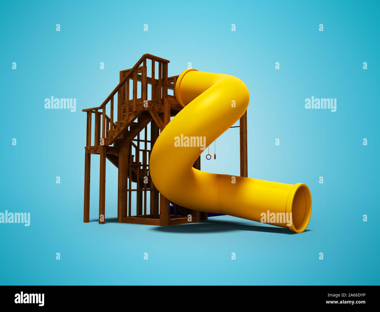 Wooden two-story slide tube yellow for teenagers 3d render on blue ...