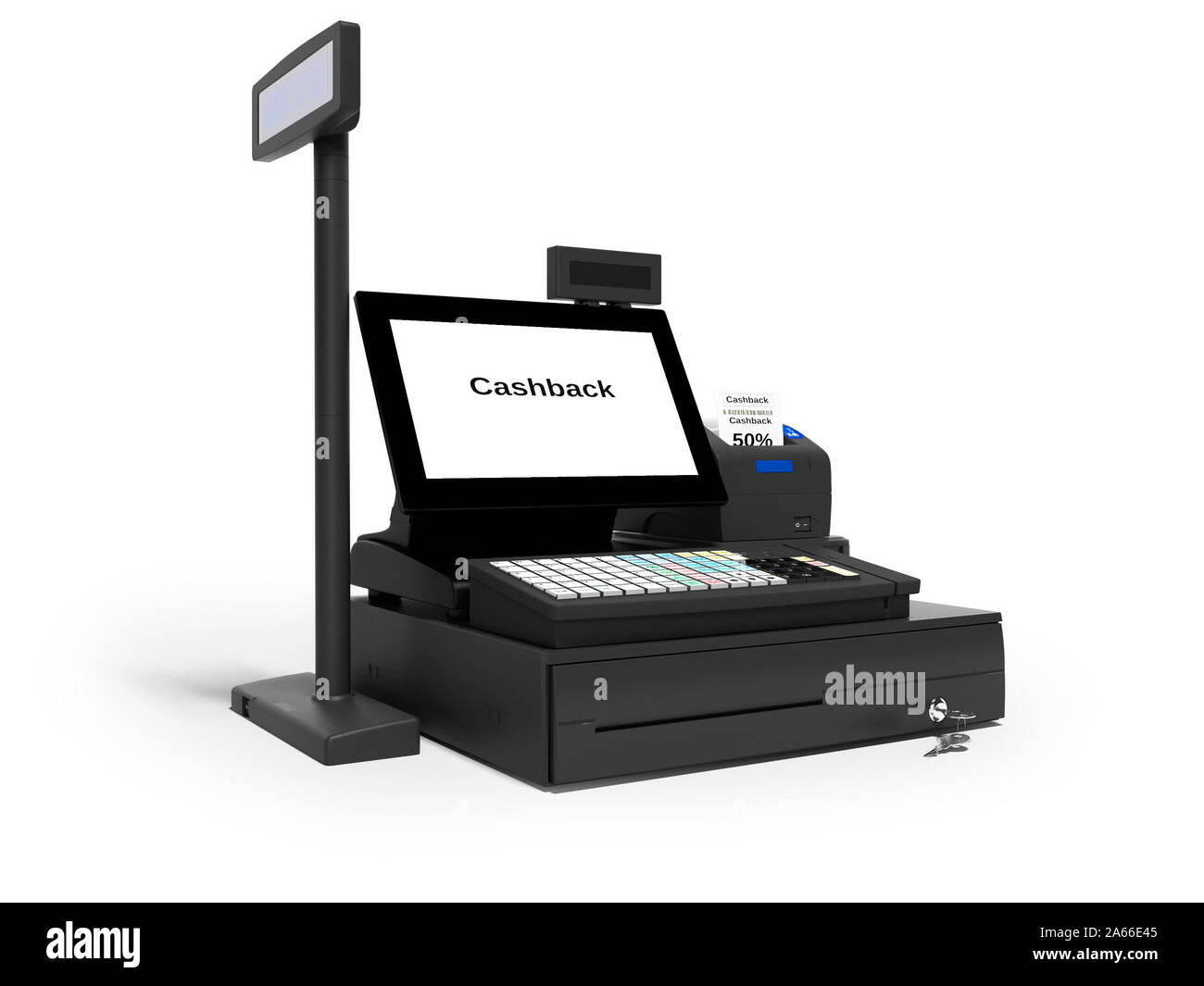 Black cash register with cashback service in 50 percent 3d render on ...