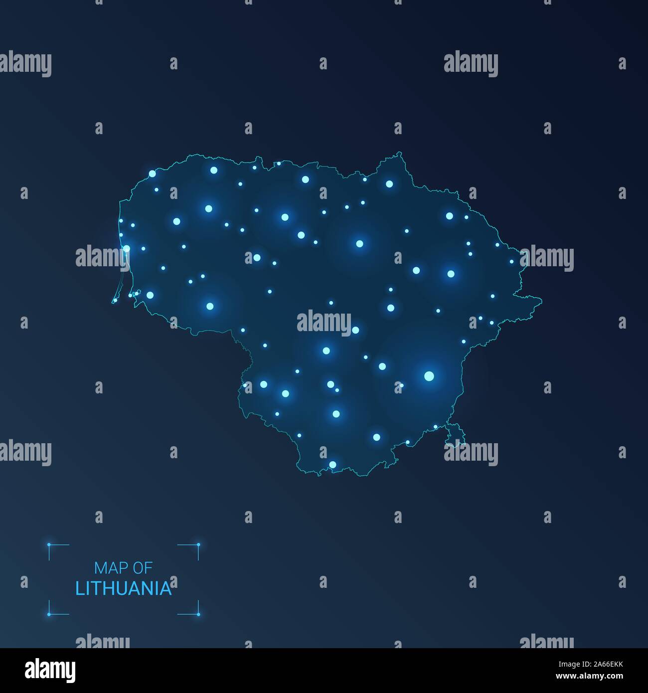 Lithuania map with cities. Luminous dots - neon lights on dark ...