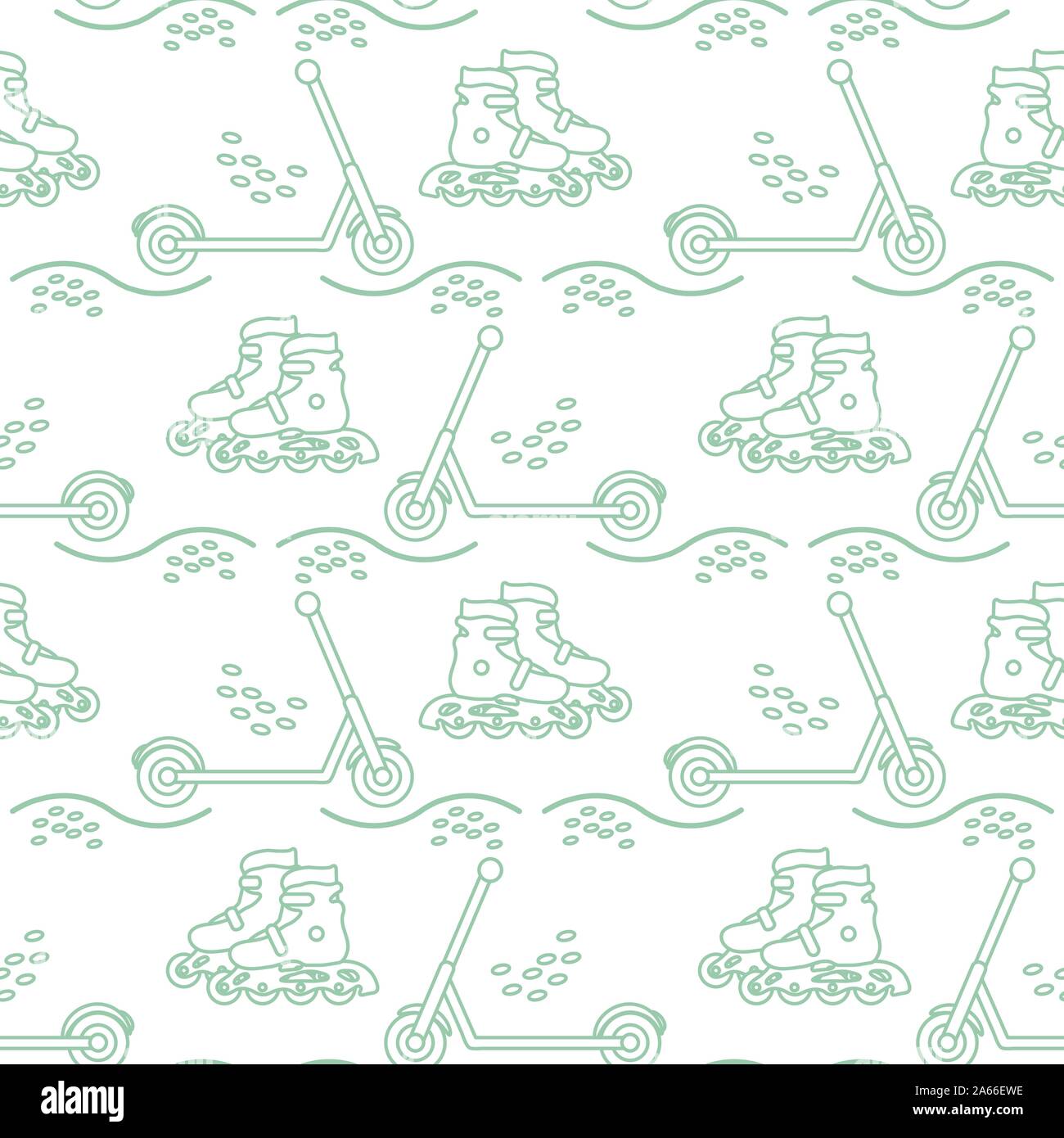 Vector seamless pattern with rollers, kick scooter. Athletic, healthy ...