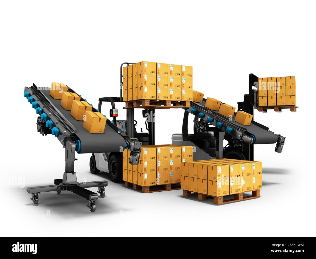 Gray forklifts loading boxes through conveyor 3d render on white ...