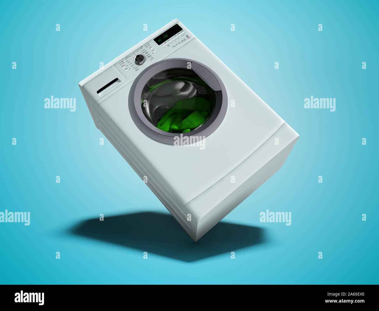 Light blue washing machine included washes green towels 3d render on ...
