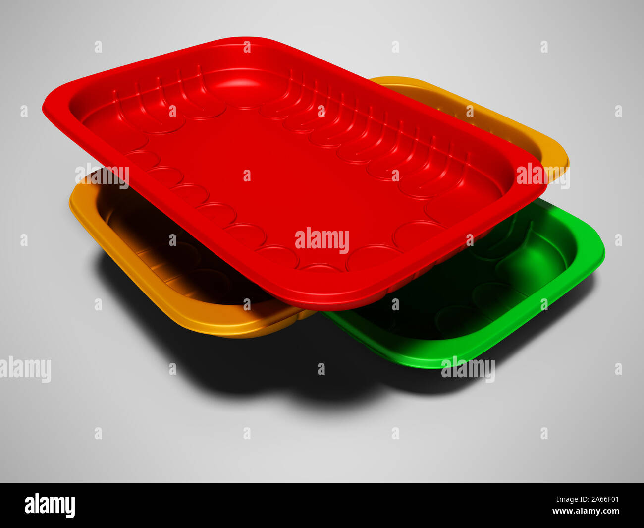 Plastic trays of different colors 3d render on gray background with ...