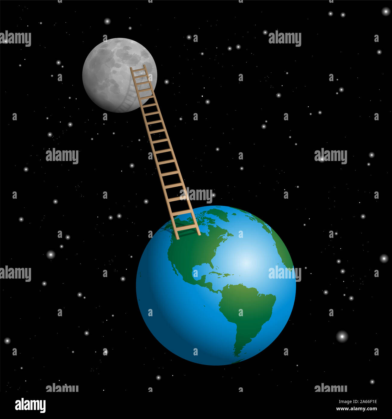Ladder from earth to moon - illustration on starry black cosmic ...