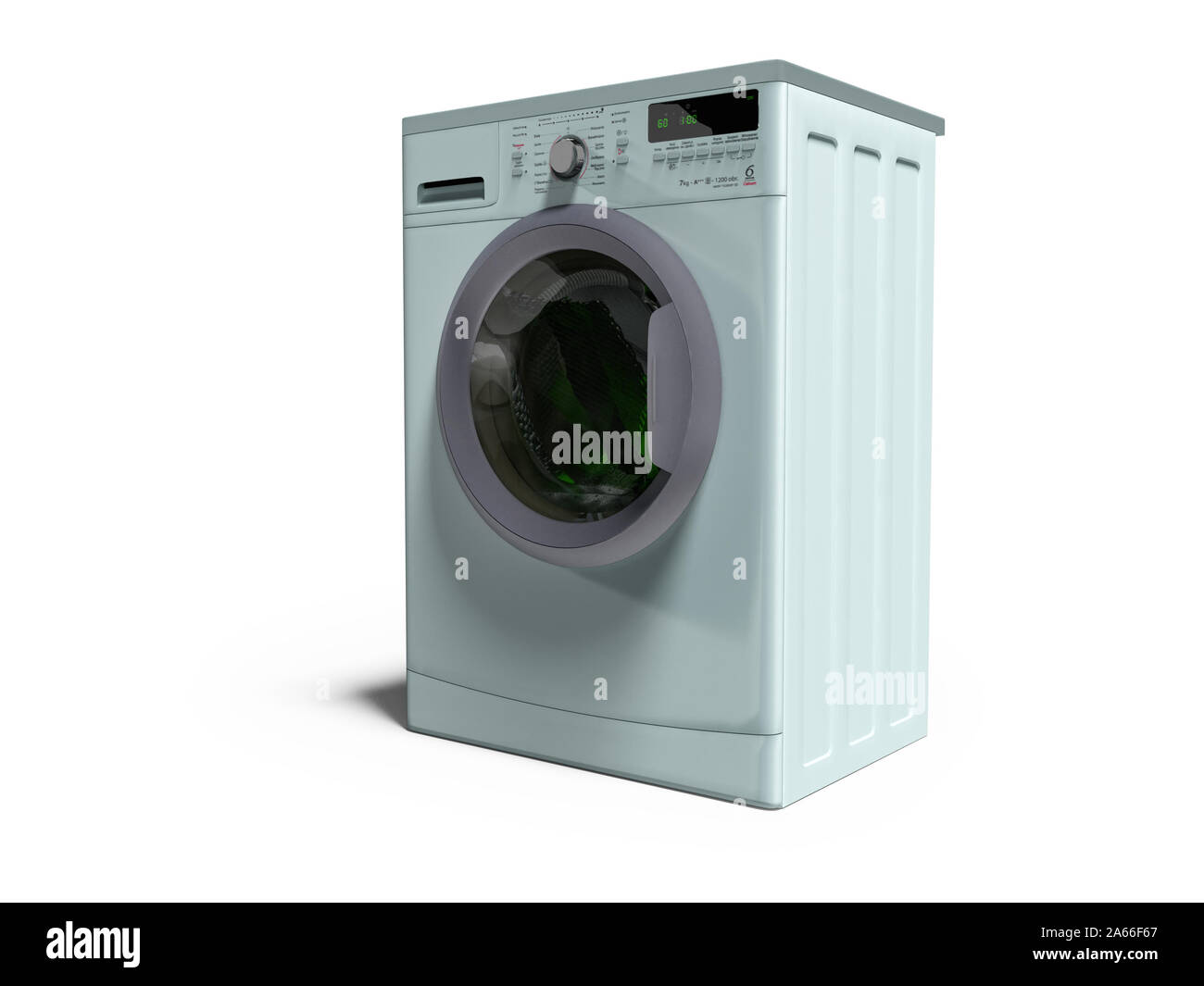 Blue washing machine automatic rinsing things in water 3d render on ...