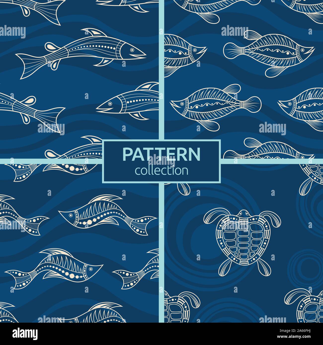 Set of four seamless fashion colorful fish patterns. Australian art ...
